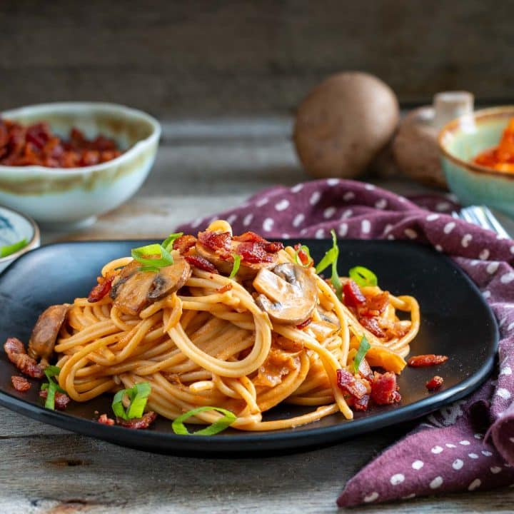 Kimchi Pasta with Bacon (Dairy Free Creamy Recipe) - Healthy World Cuisine