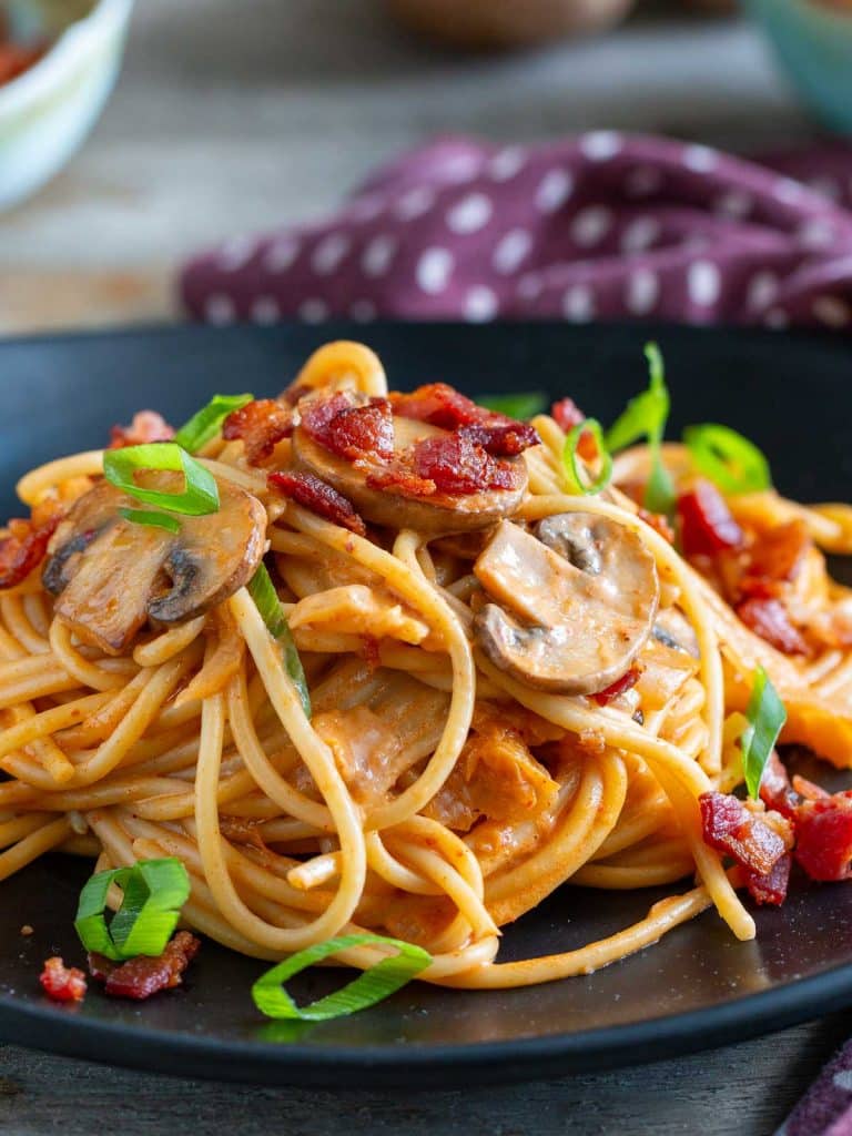 Kimchi Pasta with Bacon (Dairy Free Creamy Recipe) - Healthy World Cuisine